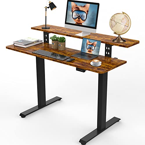 JOY worker Dual Tier Electric Standing Desk, 48" Sit Stand Desk with Adjustable Shelf, 4-Gear Height Adjustable Stand Up Desk with Memory Function, Easy Assembly Standing Workstation for Home Office