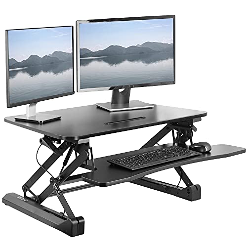 VIVO Black Deluxe Height Adjustable 36 inch Standing Desk Converter, Sit Stand Tabletop Dual Monitor and Laptop Riser Workstation, DESK-V000DB