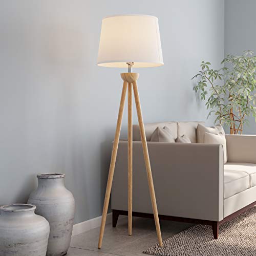 Lavish Home Tripod Floor Lamp – Mid-Century Modern Décor Light with LED Bulb and Natural Oak Wood Base – Bedroom, Living Room, or Office Lighting