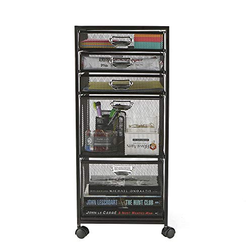 MIND READER Rolling File Cabinet with Drawers [5 Drawers] Craft Cart Organizer with Wheels, Slim Storage for Makeup, Kitchen, Utilities, Office Supplies, and Tools (BLACK MESH)