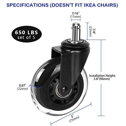 Hirate 3" Chair Casters Heavy Duty Lockable Swivel Caster Replacement Universal Stem 7/16" x 7/8" for Home Office Gaming Chairs (Pack of 5, 2 with Dual Brake & 3 Without)