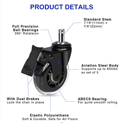 Hirate 3" Chair Casters Heavy Duty Lockable Swivel Caster Replacement Universal Stem 7/16" x 7/8" for Home Office Gaming Chairs (Pack of 5, 2 with Dual Brake & 3 Without)