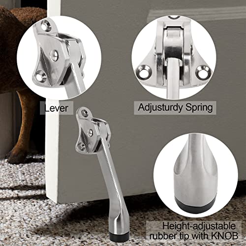 4 Packs Kickdown Door Stop for Heavy Door Garage Door with Rubber Tip and Spring Lever Metal Kickstand Door Stopper Hinge