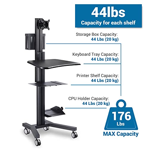 AW Rolling Computer Cart Adjustable Mobile PC Standing Workstation with Monitor Mount Keyboard Tray Printer CPU Holder Wheels for Shop Home Office Black