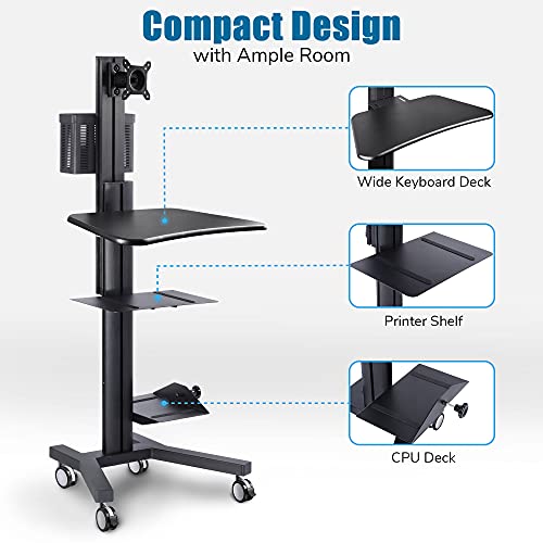 AW Rolling Computer Cart Adjustable Mobile PC Standing Workstation with Monitor Mount Keyboard Tray Printer CPU Holder Wheels for Shop Home Office Black