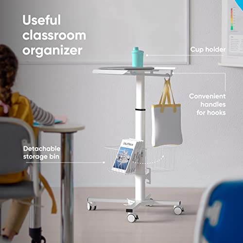 ONKRON Rolling Laptop Stand - Computer Cart with Wheels - Standing Desk On Wheels - Foot Pedal Pneumatic Height Adjustable Table On Wheels - Utility Medical Cart - Desk Load up to 17.6 Lbs, White