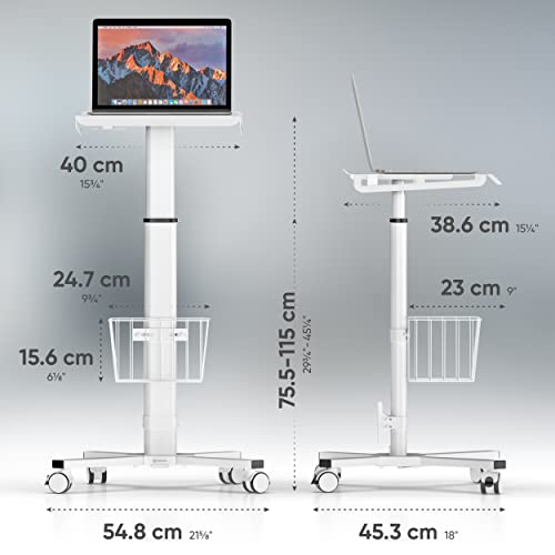 ONKRON Rolling Laptop Stand - Computer Cart with Wheels - Standing Desk On Wheels - Foot Pedal Pneumatic Height Adjustable Table On Wheels - Utility Medical Cart - Desk Load up to 17.6 Lbs, White