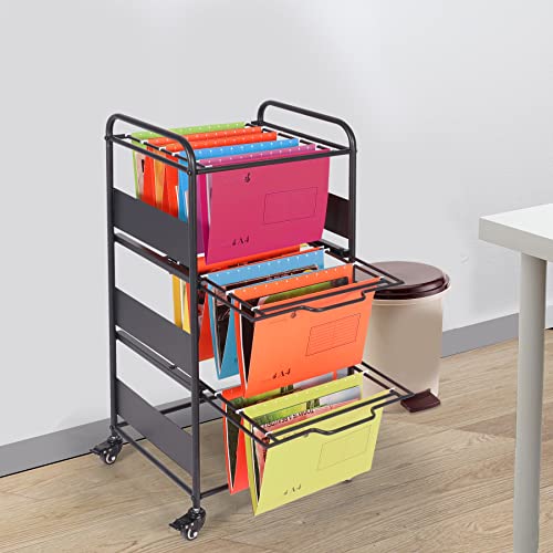 ALAPUR Rolling File Carts with Wheels Hanging Files,3 Tier Metal Filing Cart Organizer for Letter Size Movable Pull-Out File Folder Rack