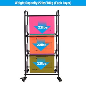 ALAPUR Rolling File Carts with Wheels Hanging Files,3 Tier Metal Filing Cart Organizer for Letter Size Movable Pull-Out File Folder Rack