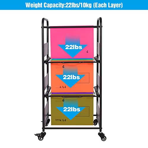 ALAPUR Rolling File Carts with Wheels Hanging Files,3 Tier Metal Filing Cart Organizer for Letter Size Movable Pull-Out File Folder Rack