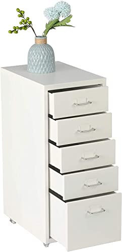 Vilobos 5 Drawer Chest, Vertical Storage File Cabinet on Wheels for Home Office Metal (Creamy-White)