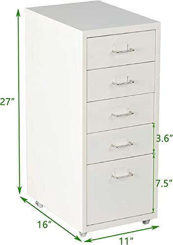 Vilobos 5 Drawer Chest, Vertical Storage File Cabinet on Wheels for Home Office Metal (Creamy-White)