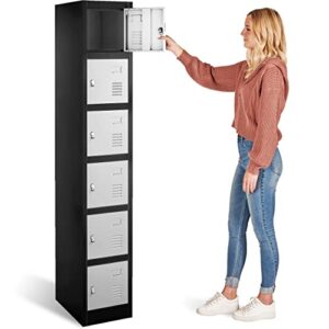 fedmax locker storage cabinet – 6 metal wall lockers for school, gym, home, office employee lock box, 71 inches high – black/grey