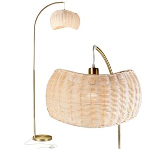 brightech wave arched floor lamp – unique hanging wicker shade for living rooms – rattan style matches boho and other décor – arcs over sofas and dining tables for compliments – brass