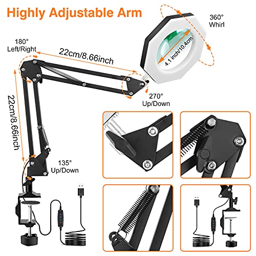 Magnifying Glass with Light and Stand, 3 Color Modes Stepless Dimmable, 5-Diopter Glass Lens, Adjustable Swivel Arm, LED Magnifier Desk Lamp for Close Work, Repair, Crafts, Painting Miniatures (16")