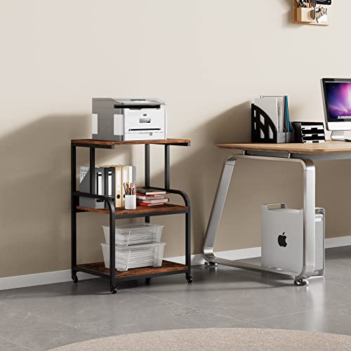 3-Tier Printer Stand with Wheels, Printer Cart with Storage Shelf, Printer Table Movable Storage Cart Floor-Standing Multi-Purpose Shelf Rack for Scanner Files Books Microwave Oven in Home Office