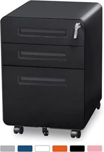 invie 3 drawer mobile file cabinet with lock under desk office drawers metal filing cabinet for legal letter files anti-tilt design office rolling file cabinet fully assembled (black)