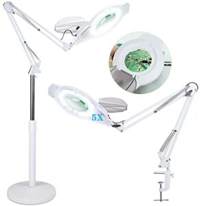 5x magnifying glass with light and stand, kirkas 2,200 lumens stepless dimming led magnifying floor lamp with clamp, adjustable stand swivel arm lighted magnifier for beauty, reading, crafts -white