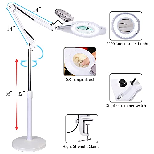 5X Magnifying Glass with Light and Stand, KIRKAS 2,200 Lumens Stepless dimming LED Magnifying Floor Lamp with Clamp, Adjustable Stand Swivel Arm Lighted Magnifier for Beauty, Reading, Crafts -White