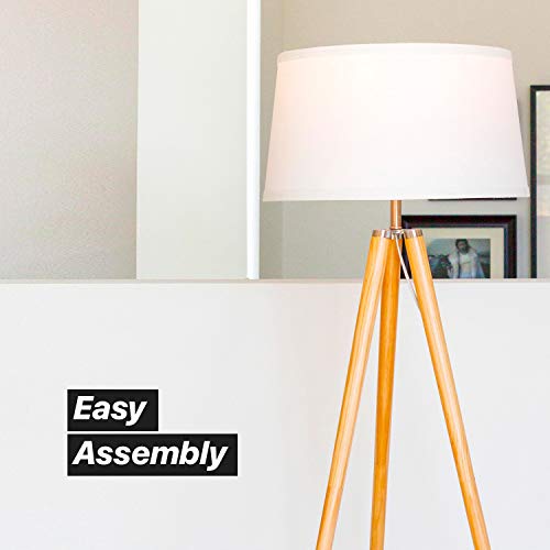 Brightech Emma LED Floor Lamp, Tall Lamp with Wood Legs, Mid-Century Modern Standing Lamp for Bedroom Reading, Tripod Lamp for Living Rooms & Offices, Great Living Room Décor