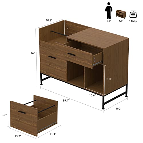 Visionwards Wood Filing Cabinet 2 Drawer, Lateral File Cabinet for Letter Size, Printer Stand with Open Storage Shelves, File cabinets for Home Office, Black/Rustic Brown