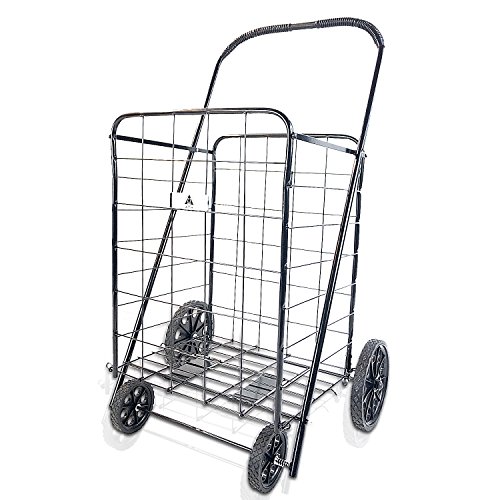 ATH Large Deluxe Rolling Utility / Shopping Cart - Stowable Folding Heavy Duty Cart with Rubber Wheels For Haul Laundry, Groceries, Toys, Sports Equipment, Black