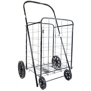 ATH Large Deluxe Rolling Utility / Shopping Cart - Stowable Folding Heavy Duty Cart with Rubber Wheels For Haul Laundry, Groceries, Toys, Sports Equipment, Black