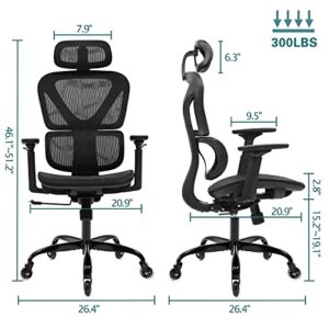 FelixKing Ergonomic Office Chair, Home Office Rolling Swivel Chair Mesh High Back Computer Chair with 3D Adjustable Armrest & Lumbar Support, Blade Wheels Desk Chair with Headrest (Black)