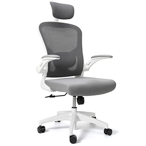 Leteuke Office Chair, Ergonomic Office Chair with Padded Lumbar Support and 90° Flip-up Armrests, High Back Mesh Home Office Chair, 125° Reclining Computer Desk Chair (White+Gray)