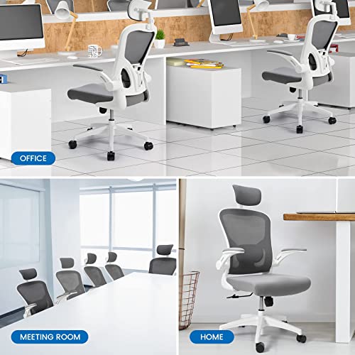 Leteuke Office Chair, Ergonomic Office Chair with Padded Lumbar Support and 90° Flip-up Armrests, High Back Mesh Home Office Chair, 125° Reclining Computer Desk Chair (White+Gray)