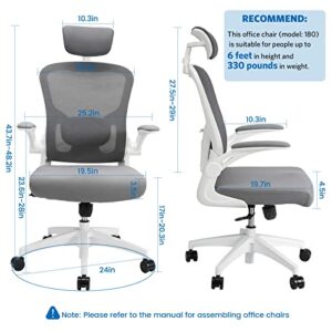 Leteuke Office Chair, Ergonomic Office Chair with Padded Lumbar Support and 90° Flip-up Armrests, High Back Mesh Home Office Chair, 125° Reclining Computer Desk Chair (White+Gray)