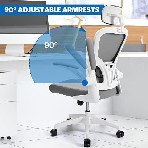 Leteuke Office Chair, Ergonomic Office Chair with Padded Lumbar Support and 90° Flip-up Armrests, High Back Mesh Home Office Chair, 125° Reclining Computer Desk Chair (White+Gray)