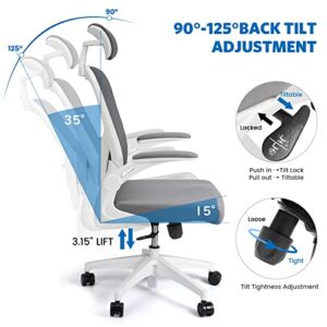 Leteuke Office Chair, Ergonomic Office Chair with Padded Lumbar Support and 90° Flip-up Armrests, High Back Mesh Home Office Chair, 125° Reclining Computer Desk Chair (White+Gray)