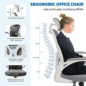 Leteuke Office Chair, Ergonomic Office Chair with Padded Lumbar Support and 90° Flip-up Armrests, High Back Mesh Home Office Chair, 125° Reclining Computer Desk Chair (White+Gray)