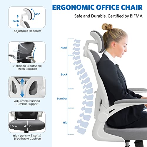 Leteuke Office Chair, Ergonomic Office Chair with Padded Lumbar Support and 90° Flip-up Armrests, High Back Mesh Home Office Chair, 125° Reclining Computer Desk Chair (White+Gray)