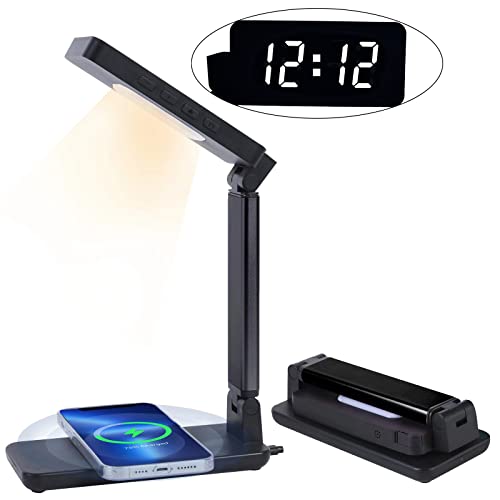 PELTEFLU Portable LED Desk Lamp with Wireless Charger, 3 Lighting Modes Desk Lamp Rotates 360° Horizontally with Time Display and Alarm Clock