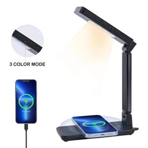 PELTEFLU Portable LED Desk Lamp with Wireless Charger, 3 Lighting Modes Desk Lamp Rotates 360° Horizontally with Time Display and Alarm Clock