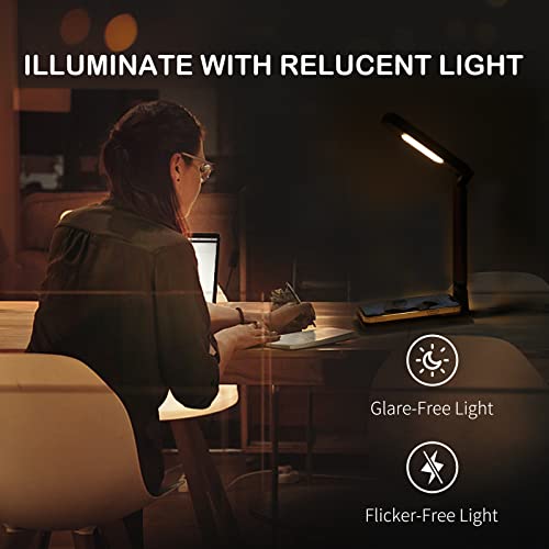 PELTEFLU Portable LED Desk Lamp with Wireless Charger, 3 Lighting Modes Desk Lamp Rotates 360° Horizontally with Time Display and Alarm Clock