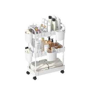 vandhome 3-tier storage rolling cart slide out storage rolling utility cart, mobile shelving unit storage shelves multifunctional organizer slide out trolley cart for kitchen bathroom – white