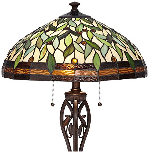 Robert Louis Tiffany Leaf and Vine II Traditional Victorian Tiffany Style Floor Standing Lamp 60" Tall Bronze Gold Amber Green Stained Glass Dome Shade Decor for Living Room Reading House Bedroom