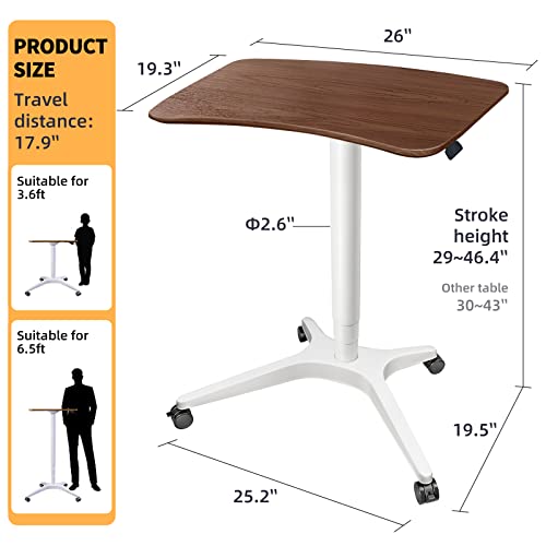 HAOOAH 47" Mobile Standing Desk(26" W*19.3" D), Adjustable Height Laptop Desk, Pneumatic Desk with Gas Spring Riser, Podium for Home, Office，Classroom，Medical, (29" to 46.9" H) (Walnut)