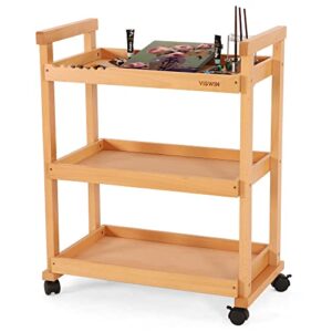 viswin 37″ h wood storage rolling cart, solid beech wood 3 tier rolling cart with 4 lockable wheels, multifunctional art craft cart organizer for art supplies, studio, classroom, bedroom, kitchen