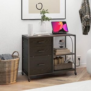 VEDECASA Black Lateral File Cabinet with 3 Fabric Drawer fits A4 Letter Size Open Storage Shelf Socket and Power Outlets USB Charging Port Mobile Printer Stand for Home Office