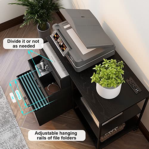 VEDECASA Black Lateral File Cabinet with 3 Fabric Drawer fits A4 Letter Size Open Storage Shelf Socket and Power Outlets USB Charging Port Mobile Printer Stand for Home Office