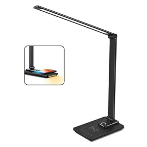 jostic led desk lamp with fast wireless charger, night lighting, usb charging port, 10 brightness 5 color, natural light eye caring reading lamp, desk light for home office, bedside table lamp, black