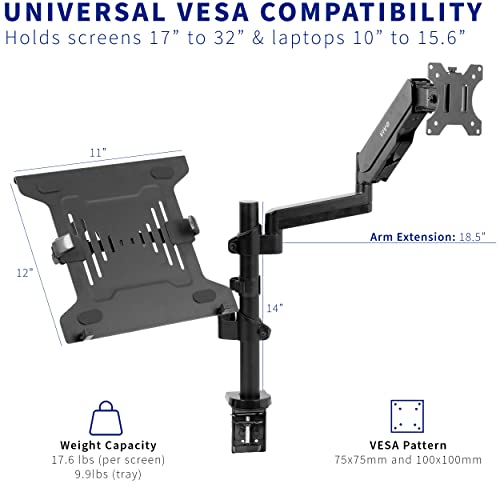 VIVO Dual Arm Monitor + Laptop Mount for 17 to 32 inch Screens and 10 to 15.6 inch Laptops/Pneumatic Height Adjustment, Full Articulating Tilt, Swivel/Heavy Duty VESA Stand, STAND-V102L