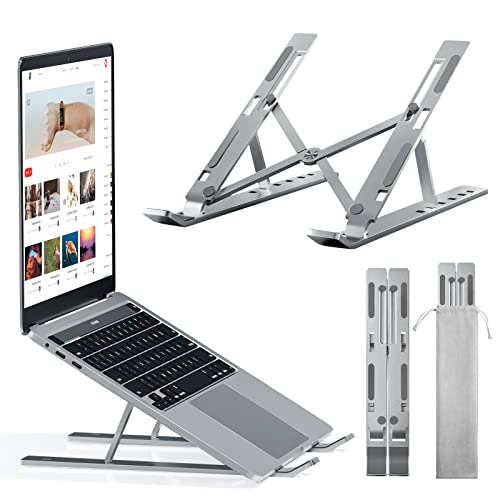 Rrtizan Foldable Laptop Stand for Desk, Ergonomic Computer Stand Adjustable Height Portable Aluminum Notebook Riser Holder, Compatible with MacBook Pro, Air, 9-15.6” Laptops and Tablets (Silver)