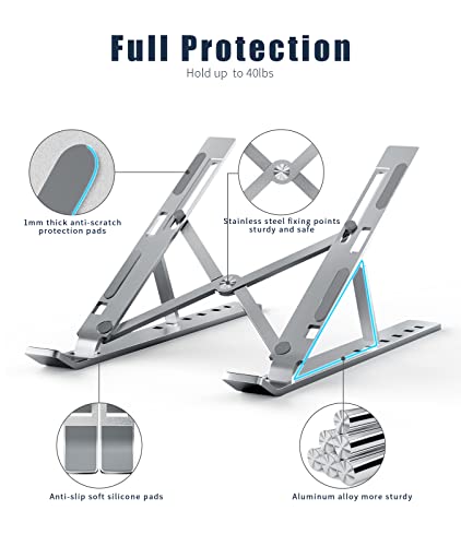 Rrtizan Foldable Laptop Stand for Desk, Ergonomic Computer Stand Adjustable Height Portable Aluminum Notebook Riser Holder, Compatible with MacBook Pro, Air, 9-15.6” Laptops and Tablets (Silver)