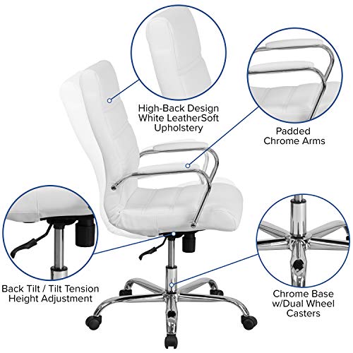 EMMA + OLIVER High Back White LeatherSoft Executive Swivel Office Chair with Chrome Frame/Arms