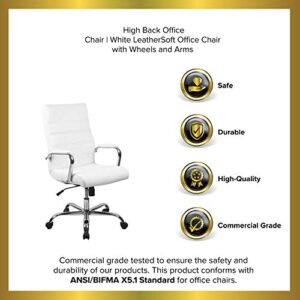 EMMA + OLIVER High Back White LeatherSoft Executive Swivel Office Chair with Chrome Frame/Arms